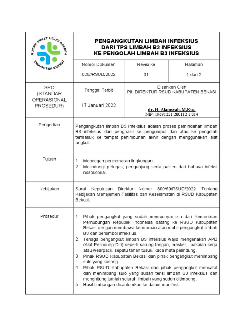 SOP T Pengangkutan Limbah Infeksius Dari TPS Limbah B3 Infeksius Ke ...