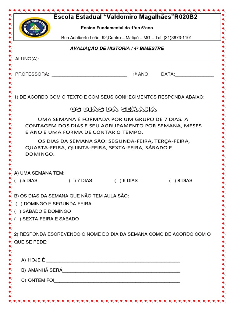 Avaliação 1 Ano História 4 Bimestre Em Pdf Pdf