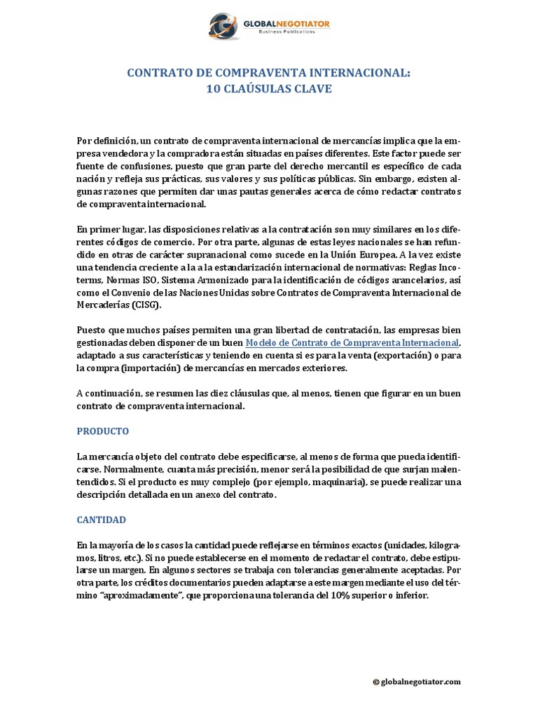 Contrato de Compraventa Internacional - 10 Cláusulas Clave | PDF | Business | Economias