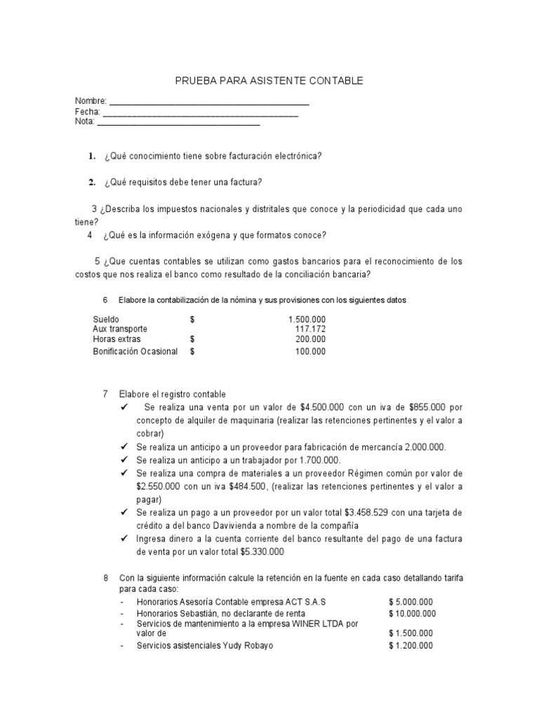 Prueba de Asistente - Asistente 1 | PDF | Bancos | Contabilidad