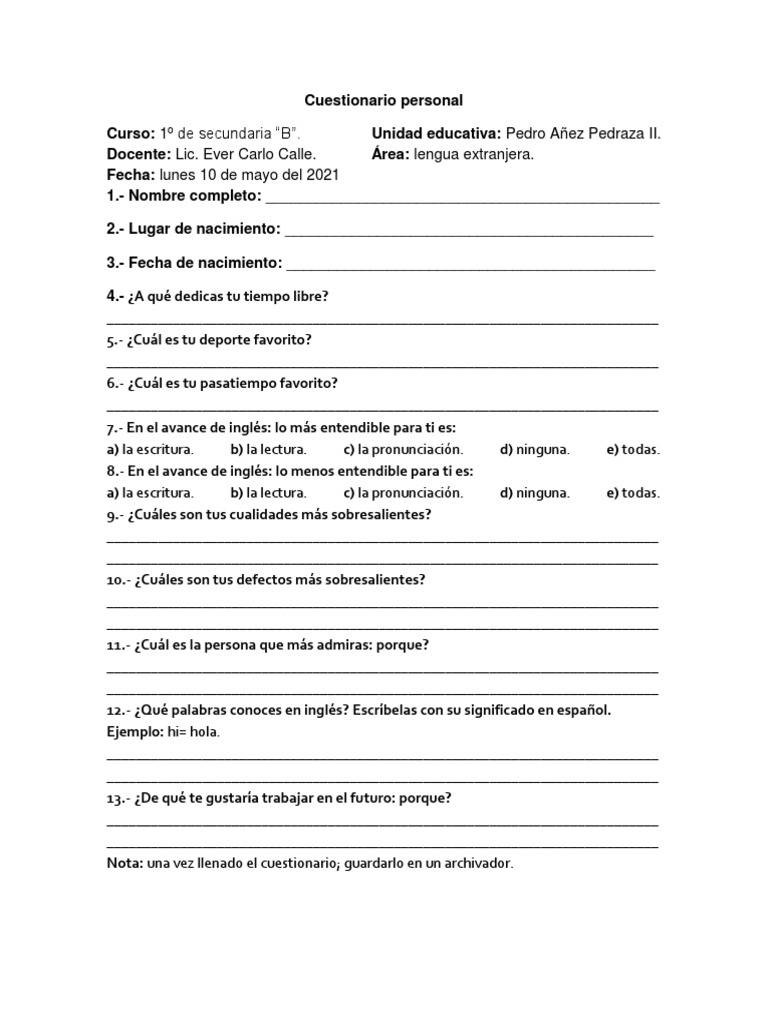 Cuestionarios Personales | PDF