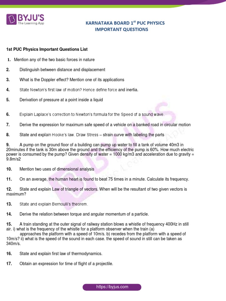 Karnataka Board 1st PUC Physics Important Questions | PDF Karnataka Board 1st PUC Physics Important Questions | PDF