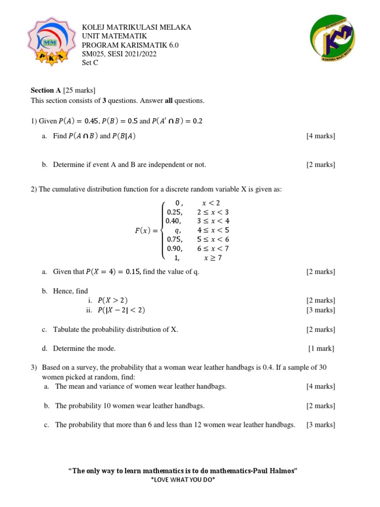 Karismatik Soalan SET C - SM025 Sesi 2021 - 2022 | PDF