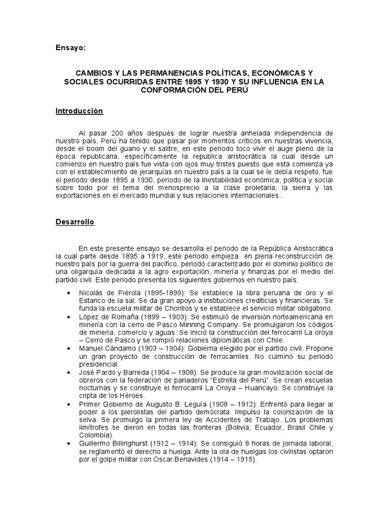 Ensayo-CAMBIOS Y LAS PERMANENCIAS POLÍTICAS, ECONÓMICAS Y SOCIALES 1895 | PDF | Perú