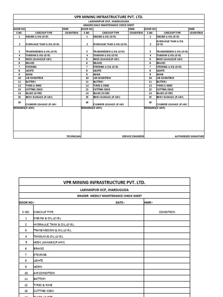 Grader Check Sheet | PDF | Automotive Industry | Transport