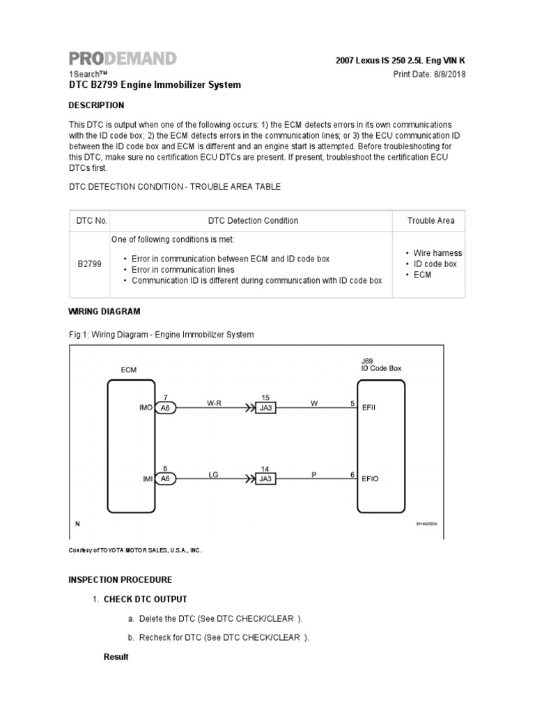 DTC B2799 Engine Immobilizer System Lexux IS 250 2007 Download