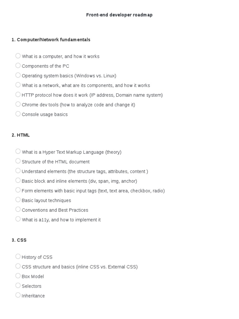 Frontend Developer Roadmap | PDF | Html Element | Html Frontend Developer Roadmap | PDF | Html Element | Html