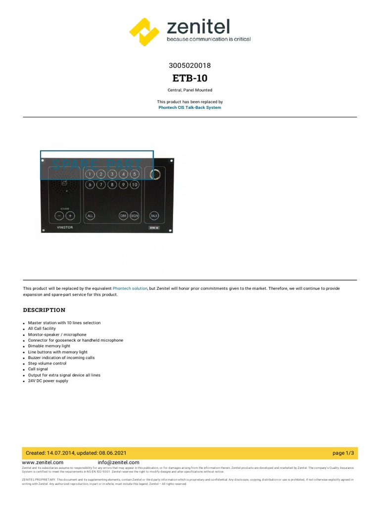 Zenitel ETB 10 3005020018 | PDF
