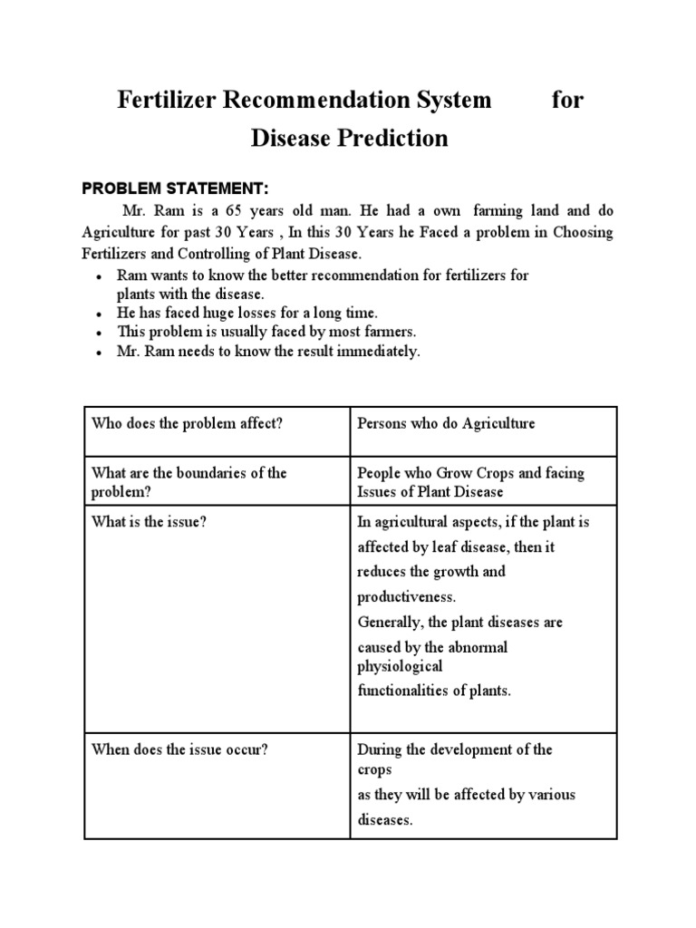 Problem Statement Fertilizer Recomentation System For Disease Prediction | PDF | Agriculture ...