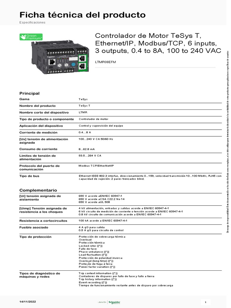 Especificaciones técnicas del controlador de motor TeSys T Ethernet/IP ...