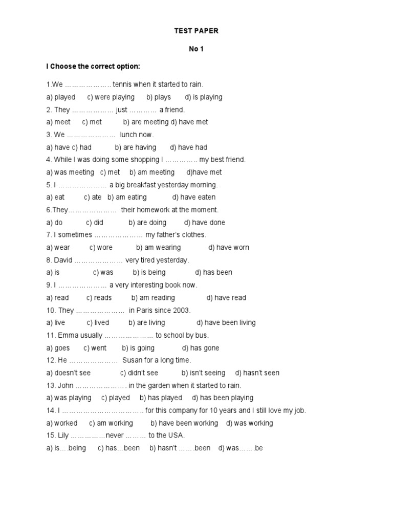English Tenses Test Paper | PDF | Games & Activities | Home & Garden