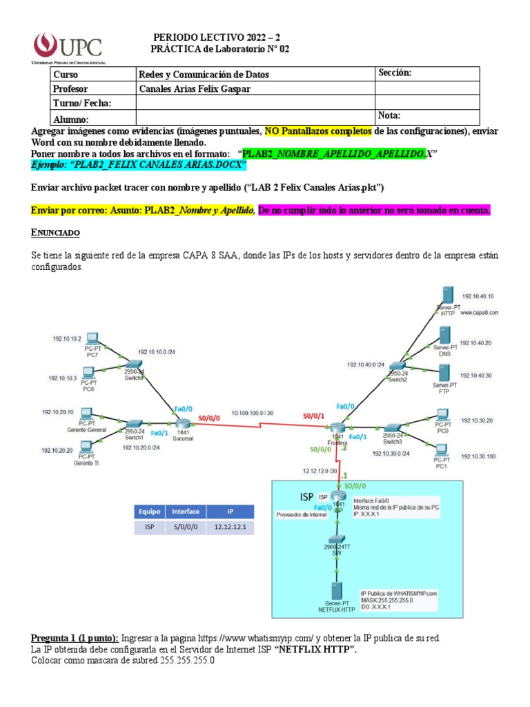 Práctica de Laboratorio #02 SI64 2022-2 Felix V | Download Free PDF | Dirección IP | Enrutador ...