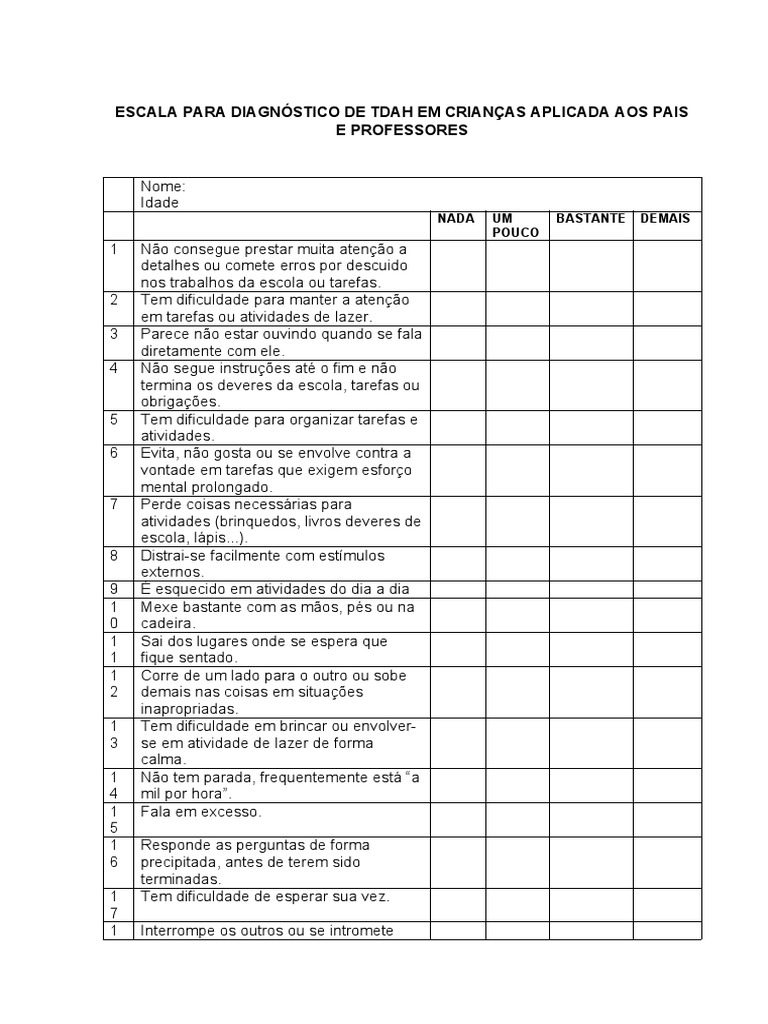 Escala de Diagnóstico de TDAH Infantil | PDF | Transtorno de déficit de ...