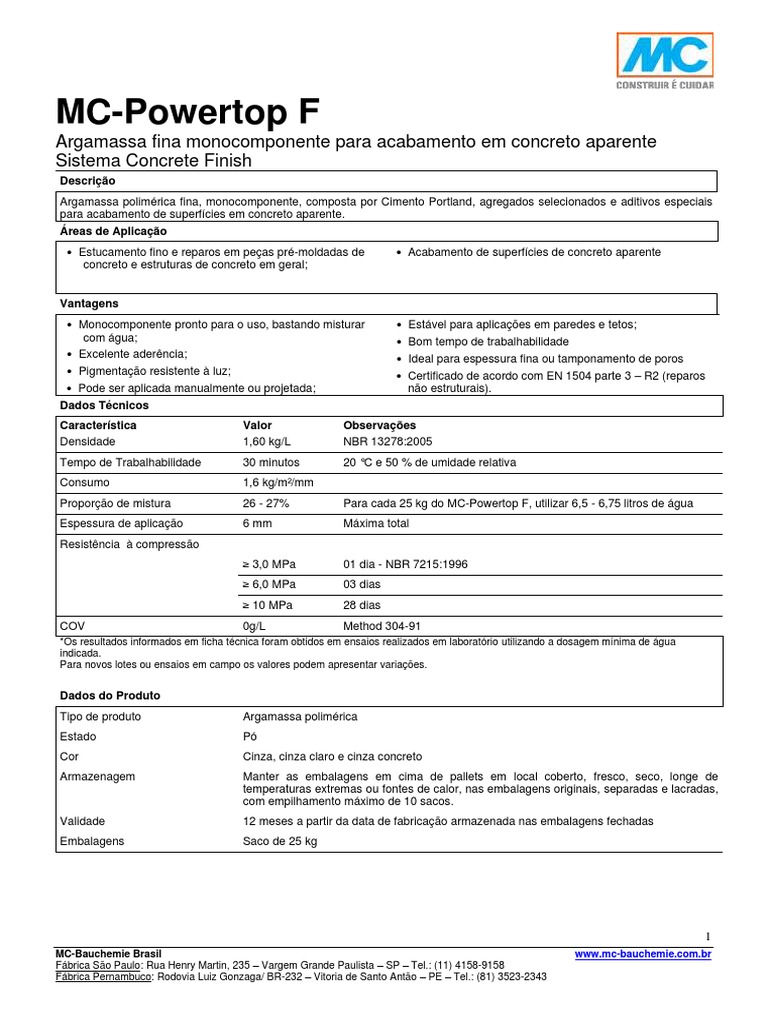 MC-Powertop F | Download grátis PDF | Argamassa (alvenaria) | Concreto