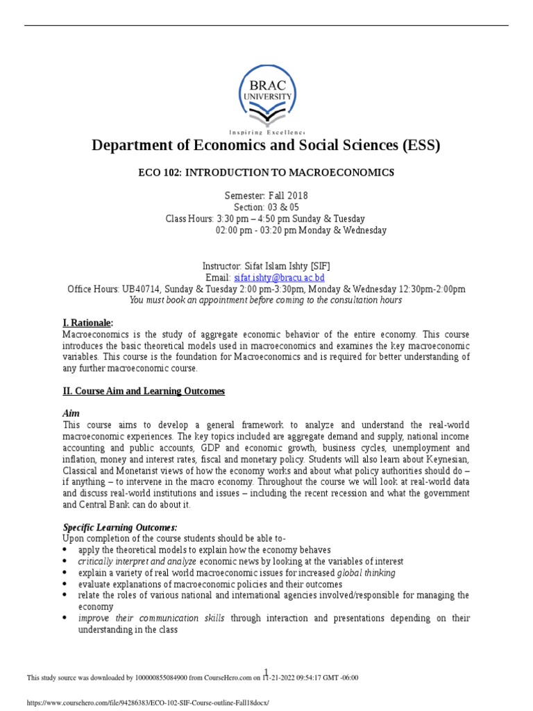 ECO 102 SIF Course Outline Fall18 | PDF | Macroeconomics | Inflation