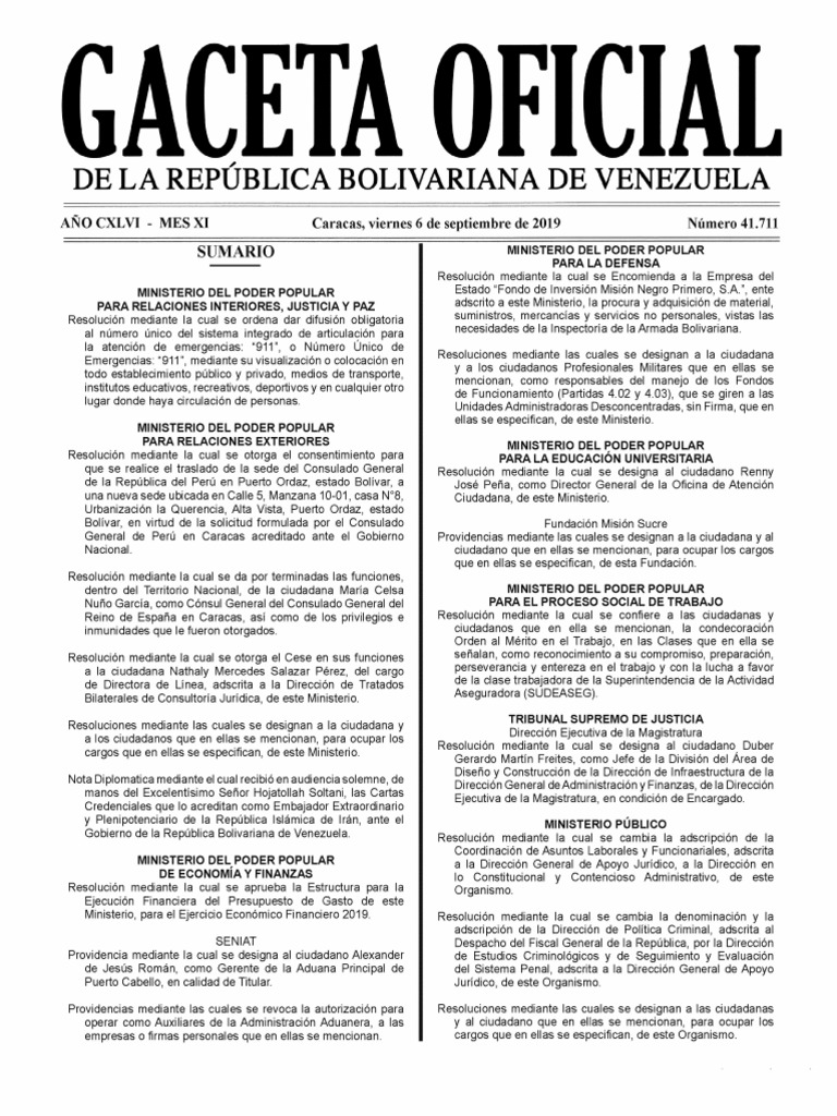 Gaceta Oficial #41.711 Del 6 de Septiembre de 2019 | PDF