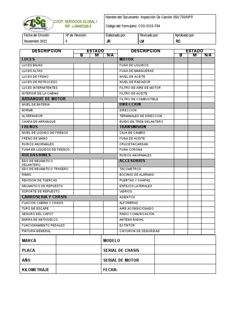 CSG-SGS-F04 Inspeccion de Camion 350-NPR | PDF