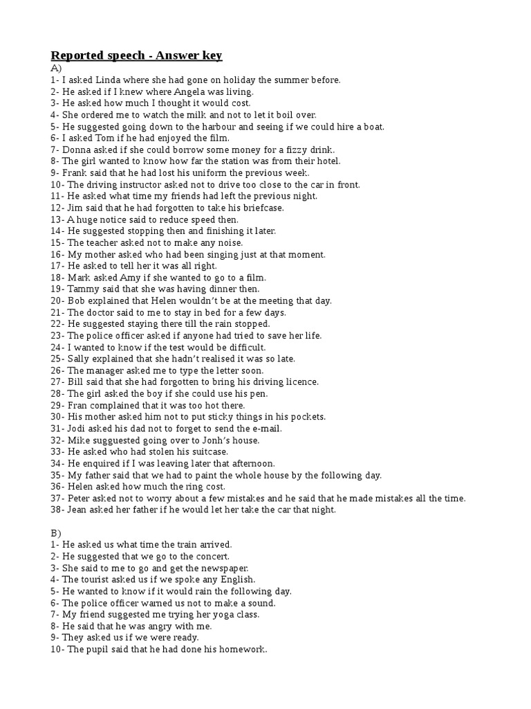 Reported Speech - Answer Key | PDF