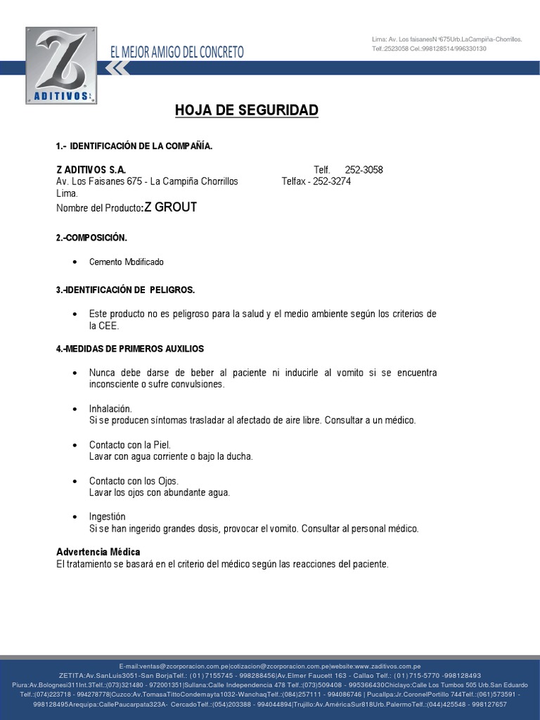 MSDS - Z Grout | PDF | Química