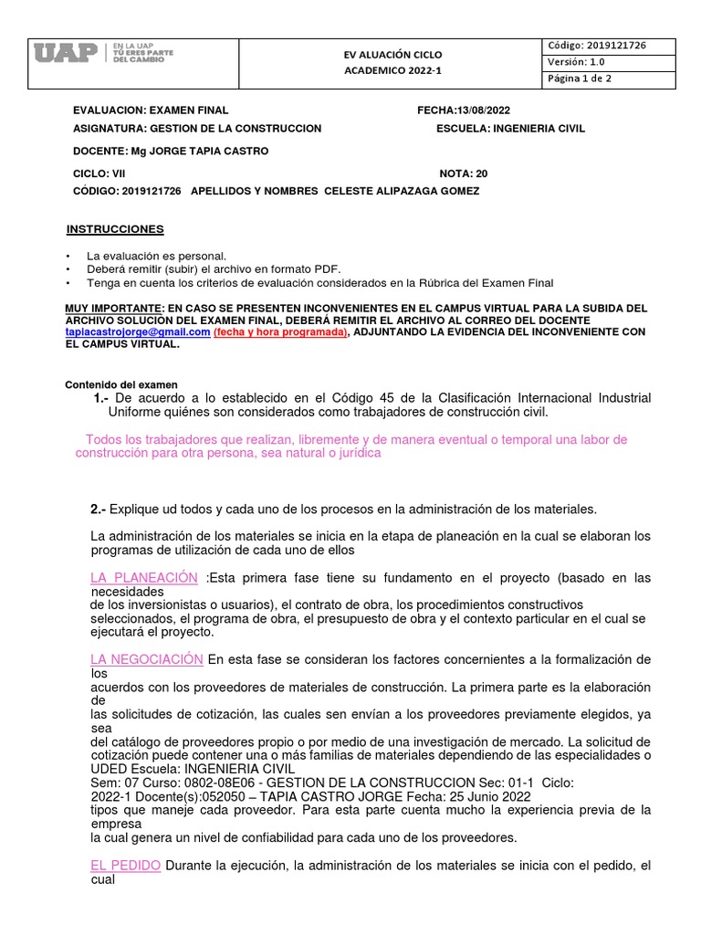 Examen - Final 2022-1 Gestion de La Construccion 2022 | PDF