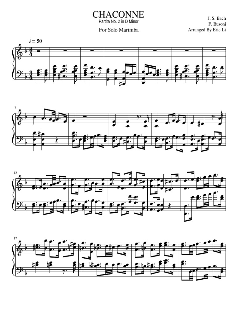 Chaconne From Bach Violin Partita No. 2 in D Minor Arranged For Solo ...