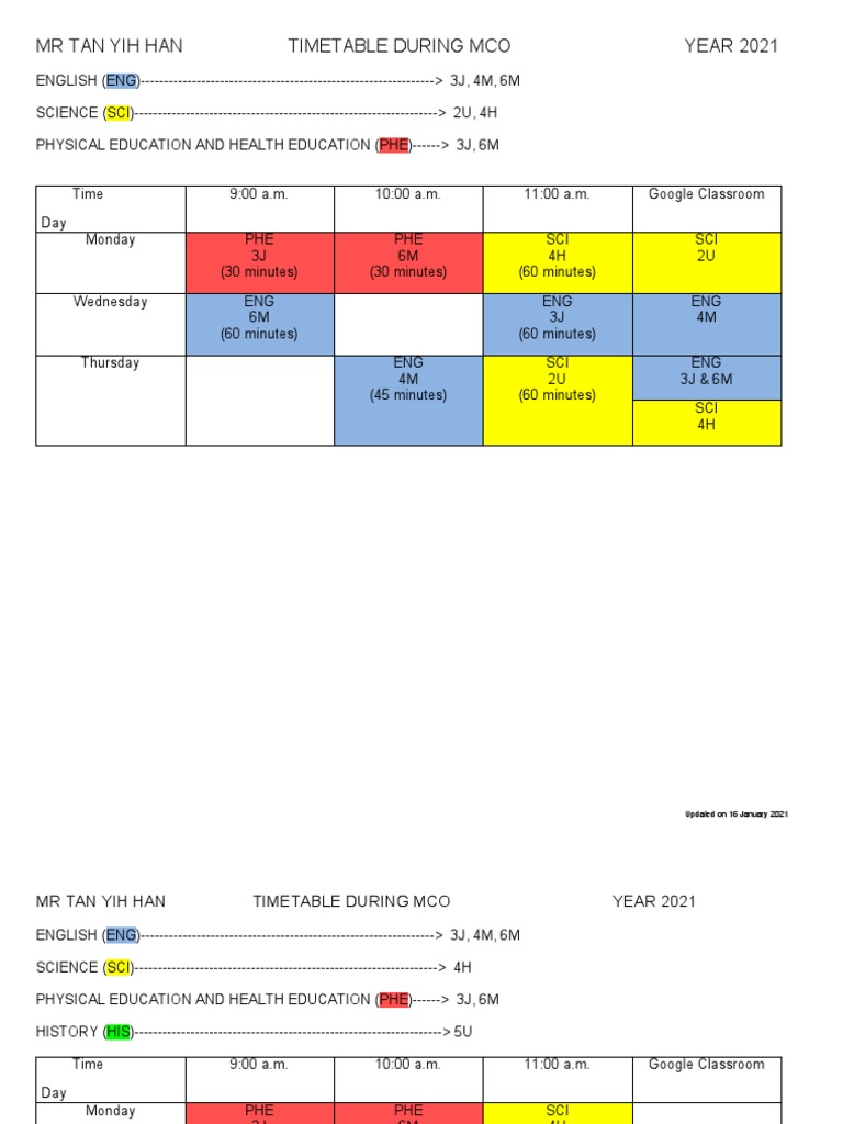 Timetable During Mco Year 2021 | PDF