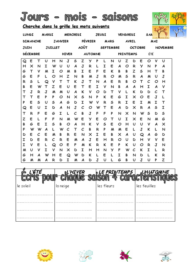 Mots des jours et saisons à chercher | PDF | Printemps | Phénomène ...