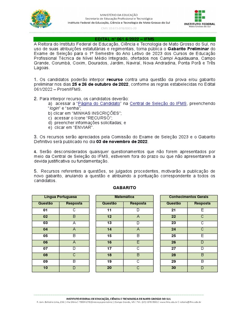 Prova Ifms 2023 - Gab | PDF