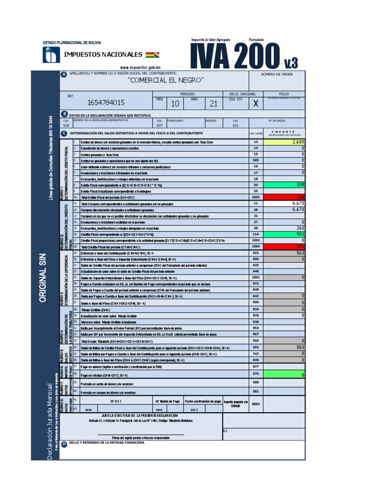 IVA 200 v.3 - Formulario de declaración jurada del IVA en Bolivia con ...