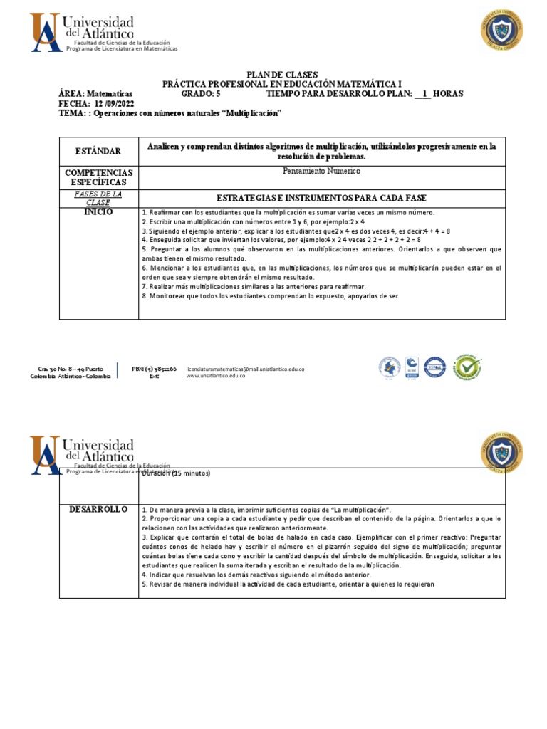 Plan de Clases 4 | PDF | Multiplicación