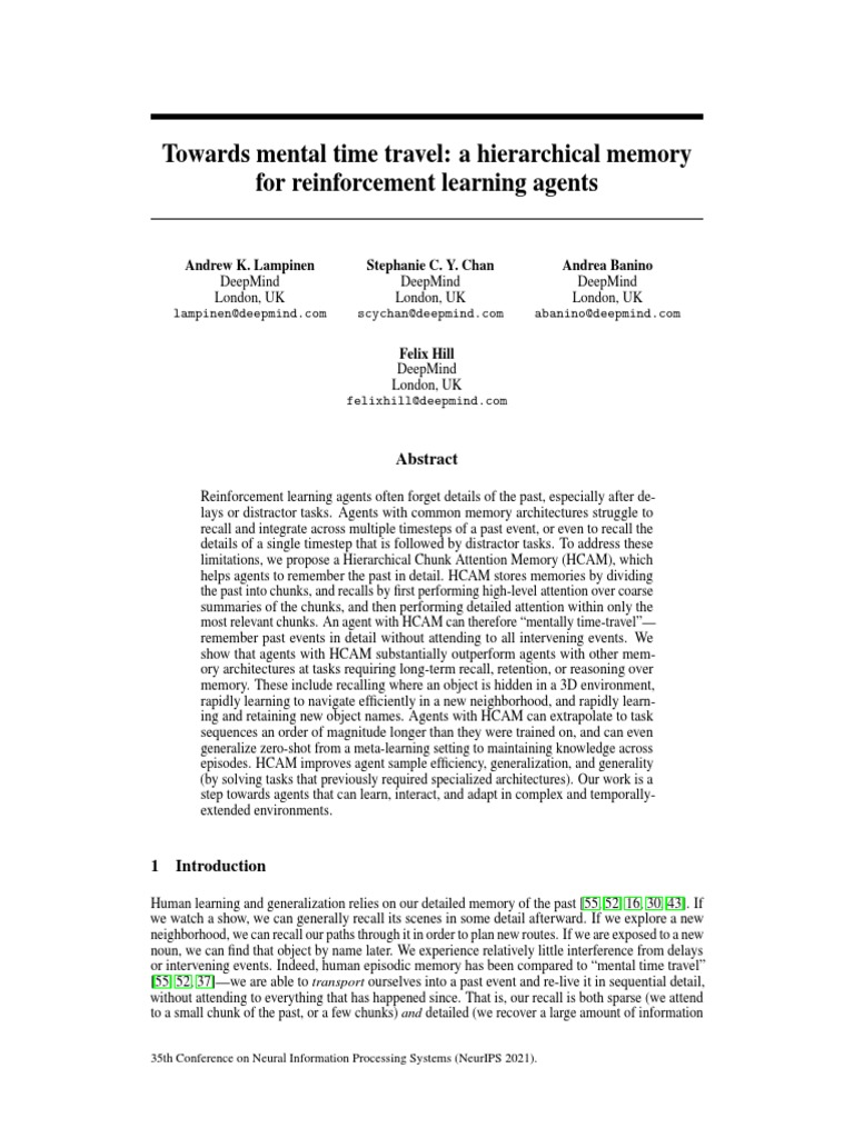 NeurIPS 2021 Towards Mental Time Travel A Hierarchical Memory For Reinforcement Learning Agents ...