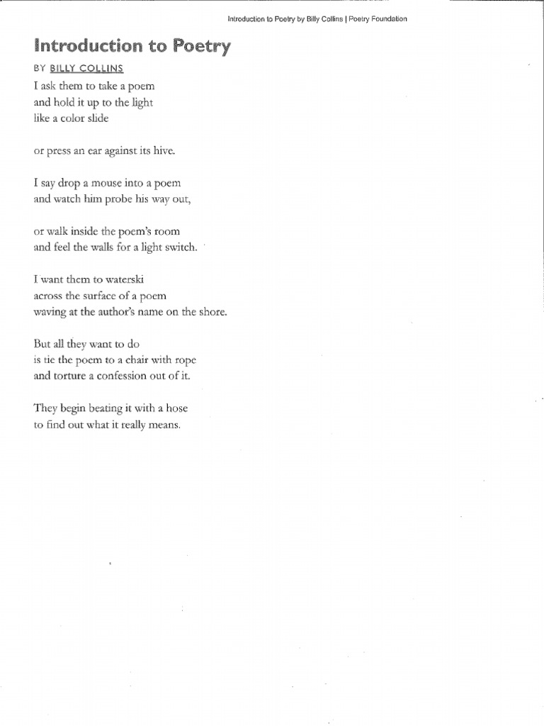 Introduction To Poetry Poem By Billy Collins Poem Hunter