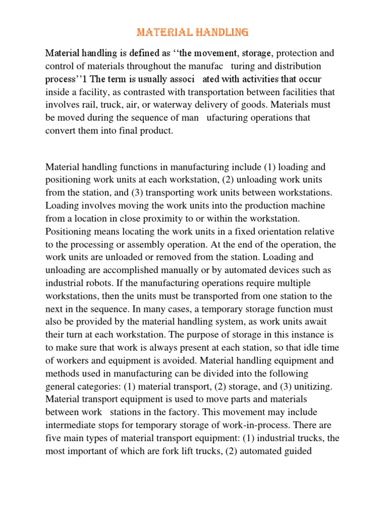 Material Handling in Manufacturing: An Overview of Functions, Equipment ...