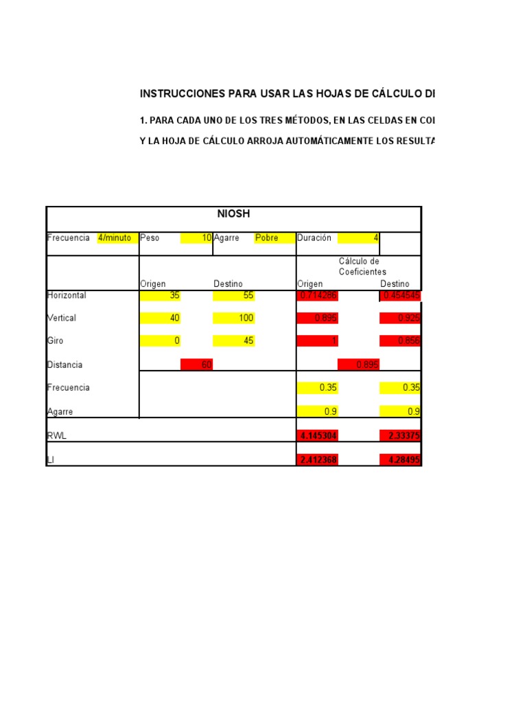 Calculos Niosh, Wisha y Nom 036 | PDF