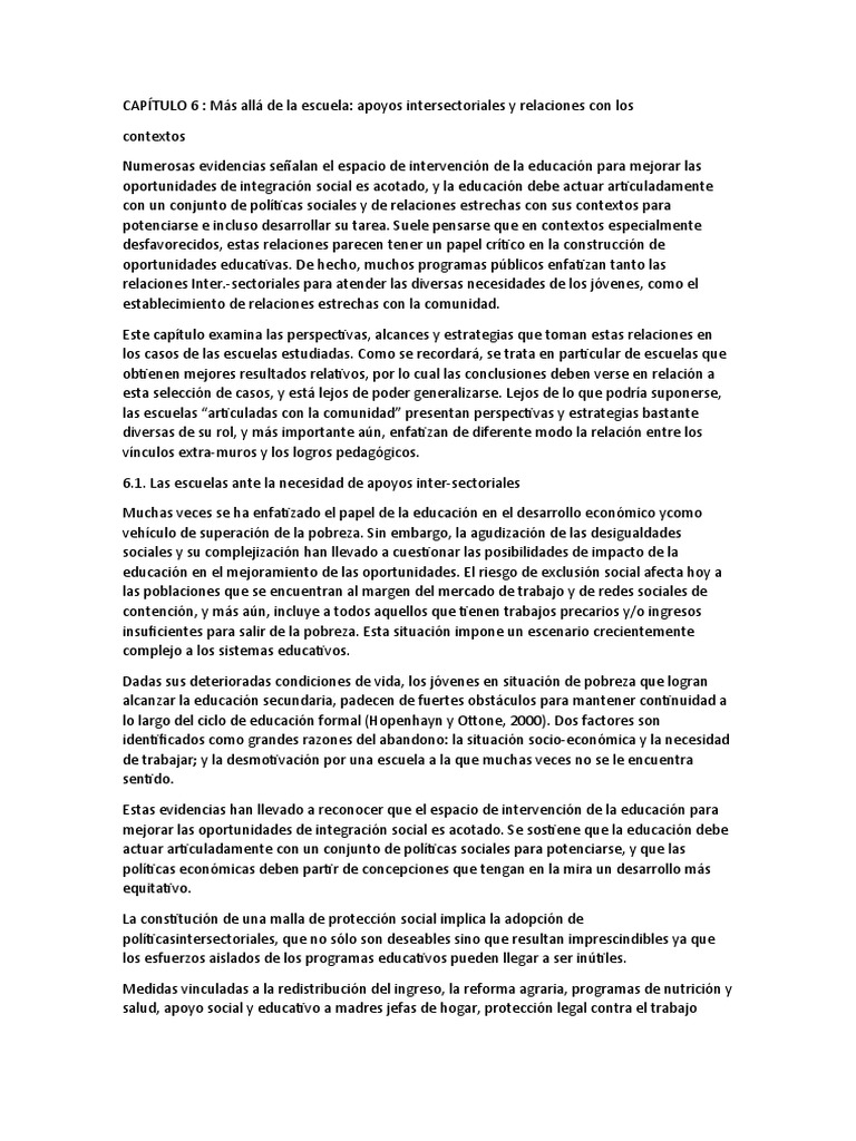 CAPÍTULO 6 Jacinto y Terigi Mas Alla de La Escuela Cap 6 Apoyos Intersectoriales y Relaciones ...