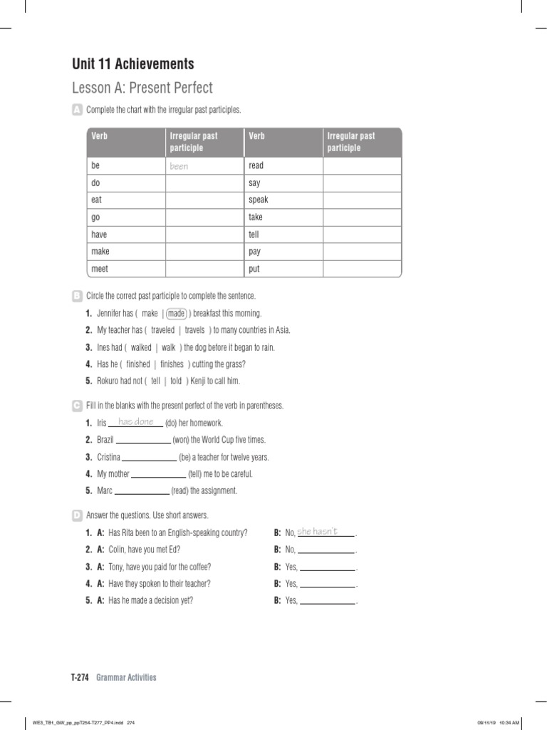 World English 3e Level 1 Grammar Activities Unit 11 Lesson A | PDF | Language Families | Syntax