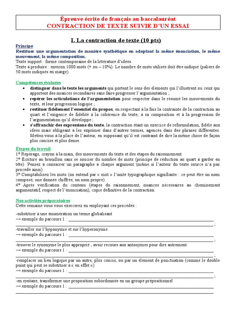 La Contraction de Texte Et L'essai | PDF | Arts du langage et discipline | Études des langues ...