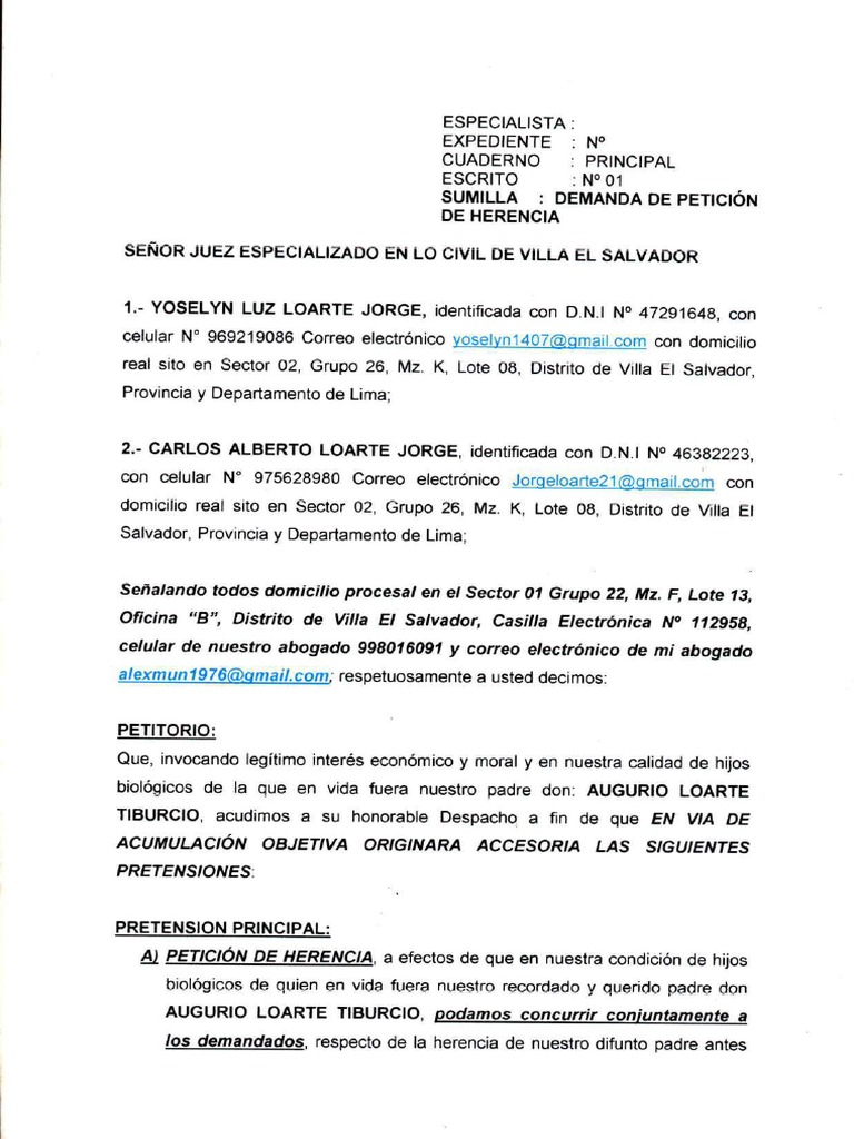 Demanda de Peticion de Herencia | PDF