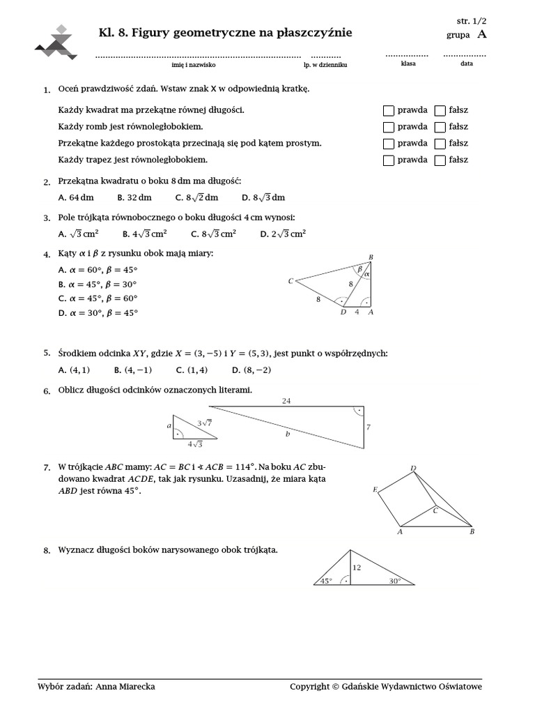 Sprawdzian kl.8 Figury Geometryczne Na Płaszczyźnie AB | PDF