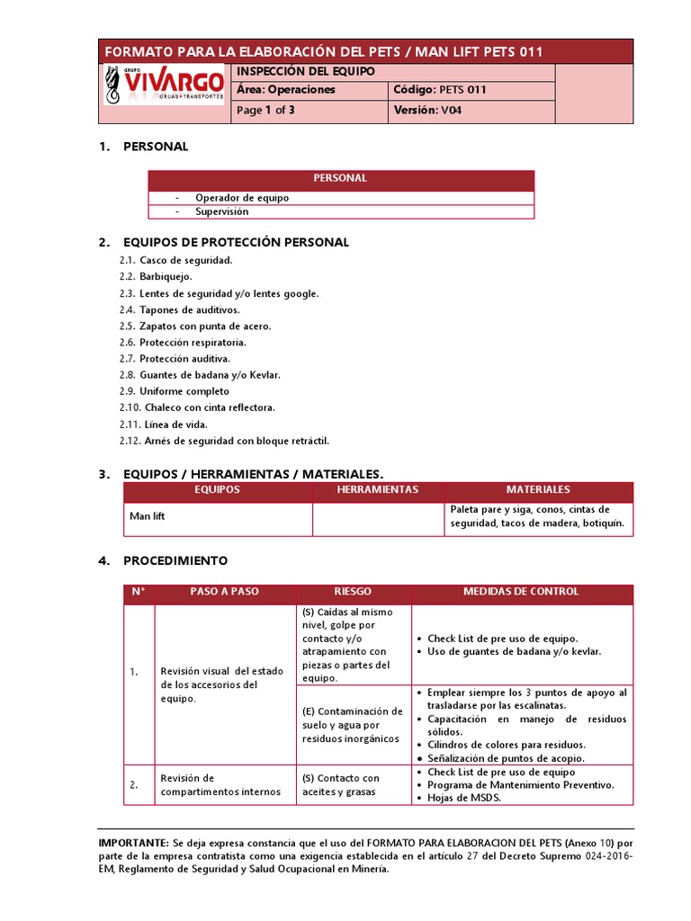 PETS 011 DS-024-Inspección Del Equipo Man Lift | PDF | Seguridad y salud ocupacional | Contaminación