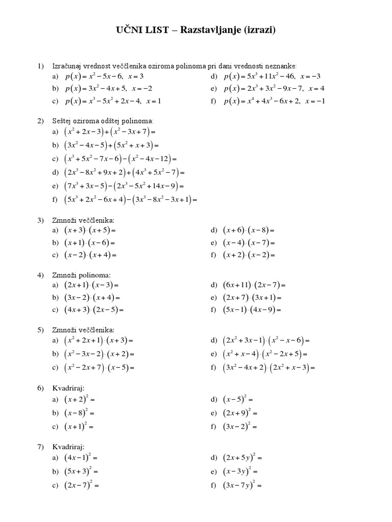 Učni List - Računanje Z Izrazi | PDF