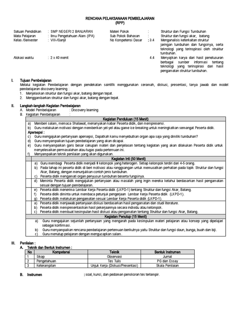 RPP IPA Struktur Dan Fungsi Tumbuhan Pertemuan-17 | PDF