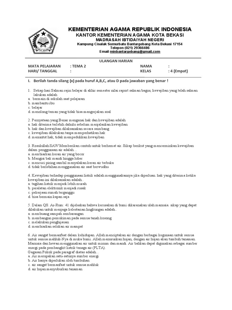 Soal Ulangan Harian Kls 4 Tema 2 | PDF