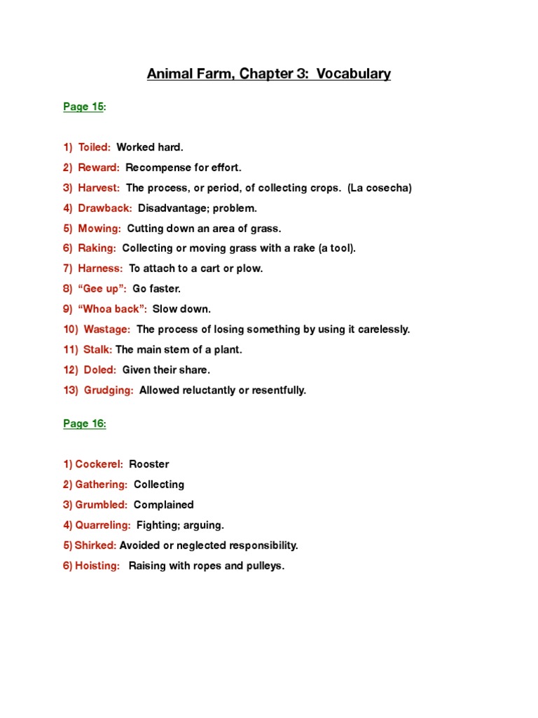 Animal Farm Chapter 3 Vocabulary Guide | PDF