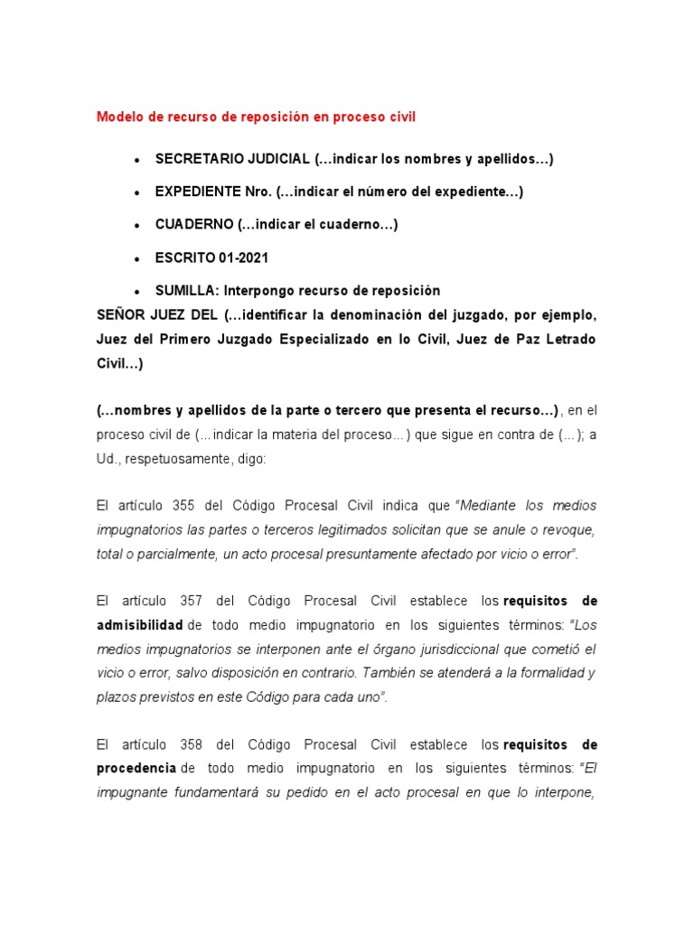 Modelo de recurso de reposición en proceso civil | PDF