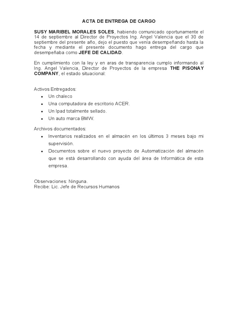 Acta de Entrega de Cargo | PDF