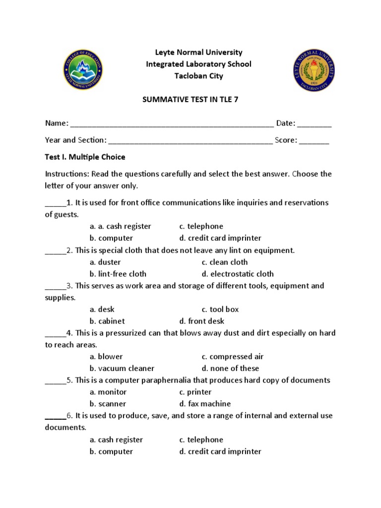 Summative Test Grade 7 TLE | PDF | Desk | Office Equipment