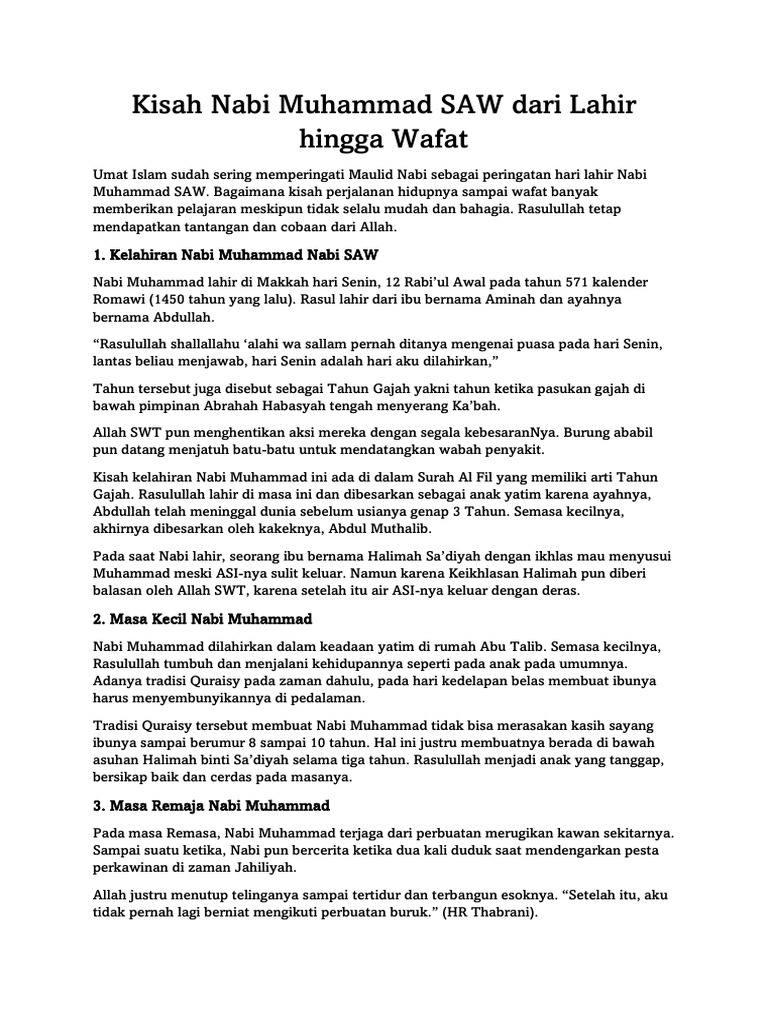 Kisah Nabi Muhammad SAW Dari Lahir Hingga Wafat | PDF
