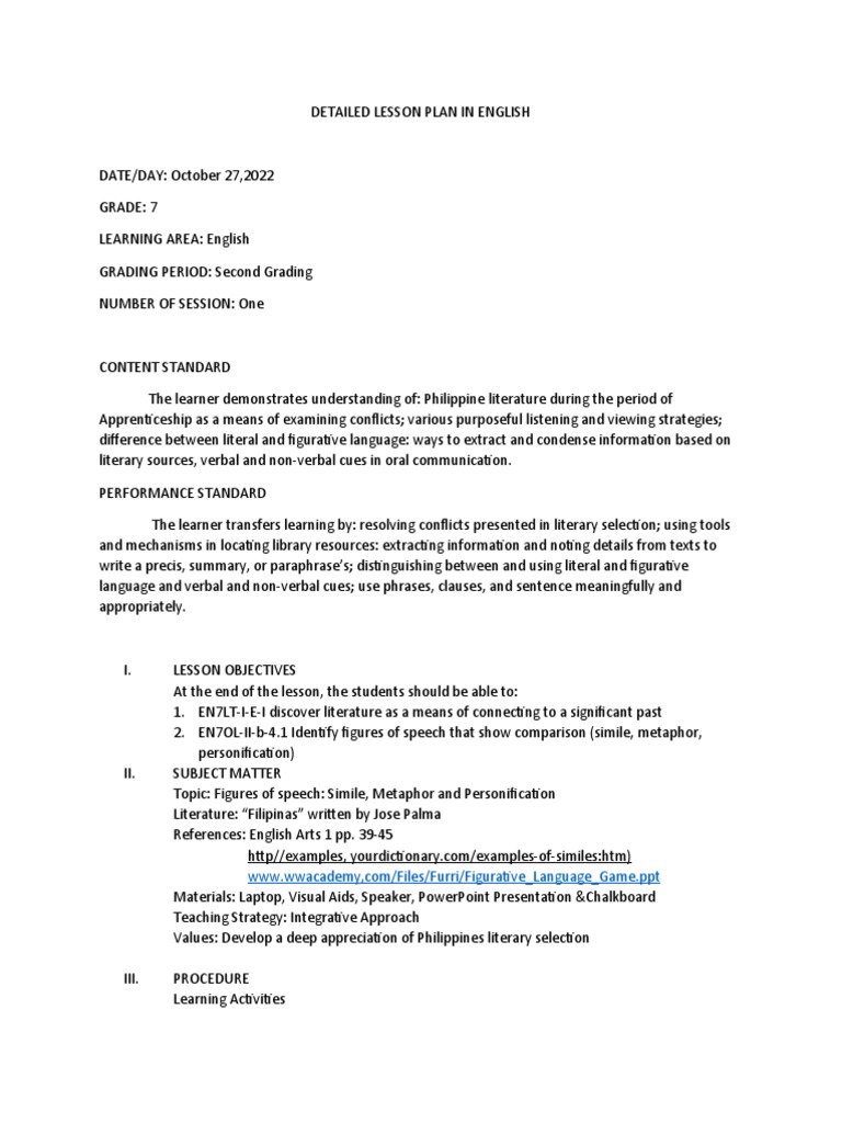 EN7LT-I-E-I Simile Metaphor Personification | PDF | Lesson Plan | Learning