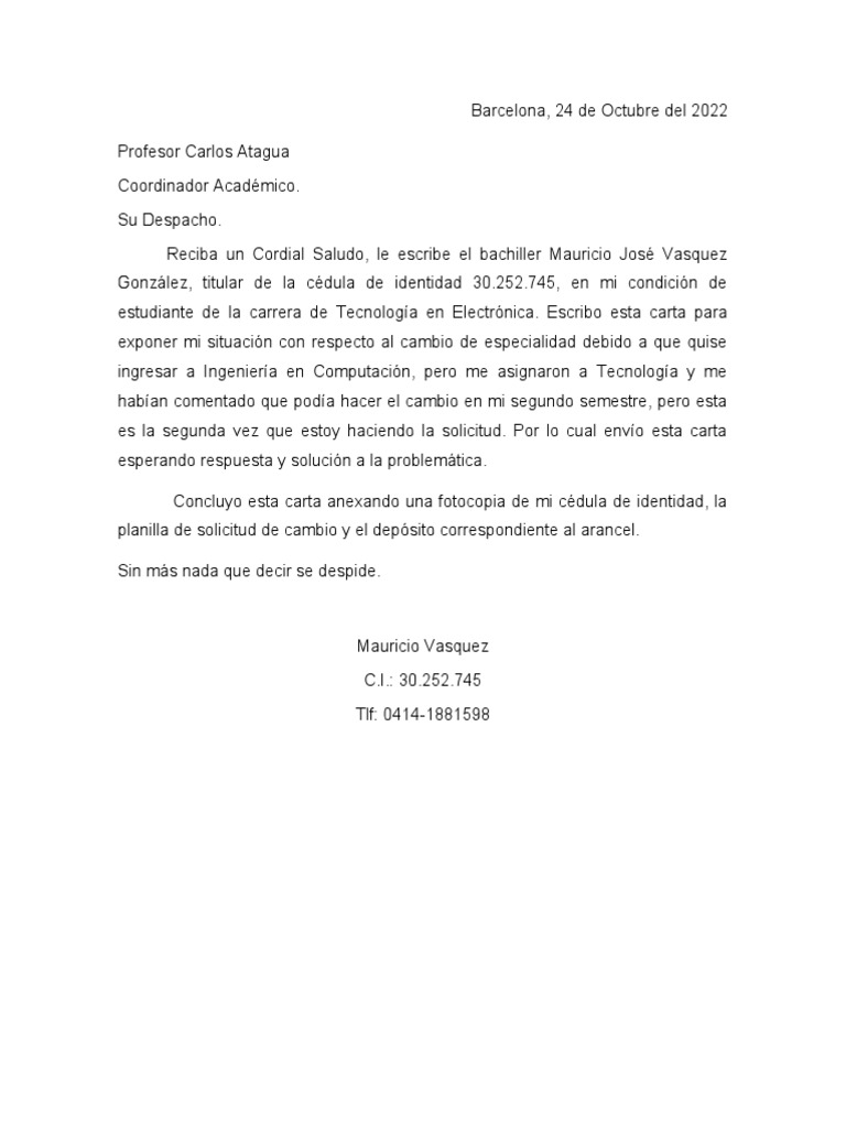 Carta (Cambio de Carrera) | PDF Carta (Cambio de Carrera) | PDF